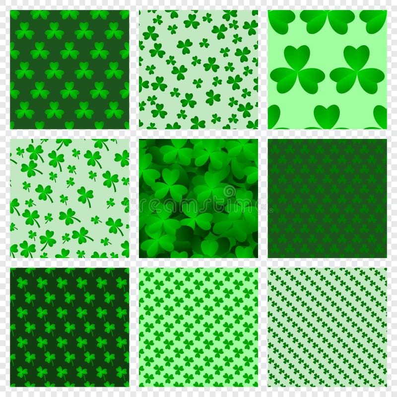 Green Clover Leaves Seamless Patterns Set Abstract Geometric Backgrounds Seamless Vector