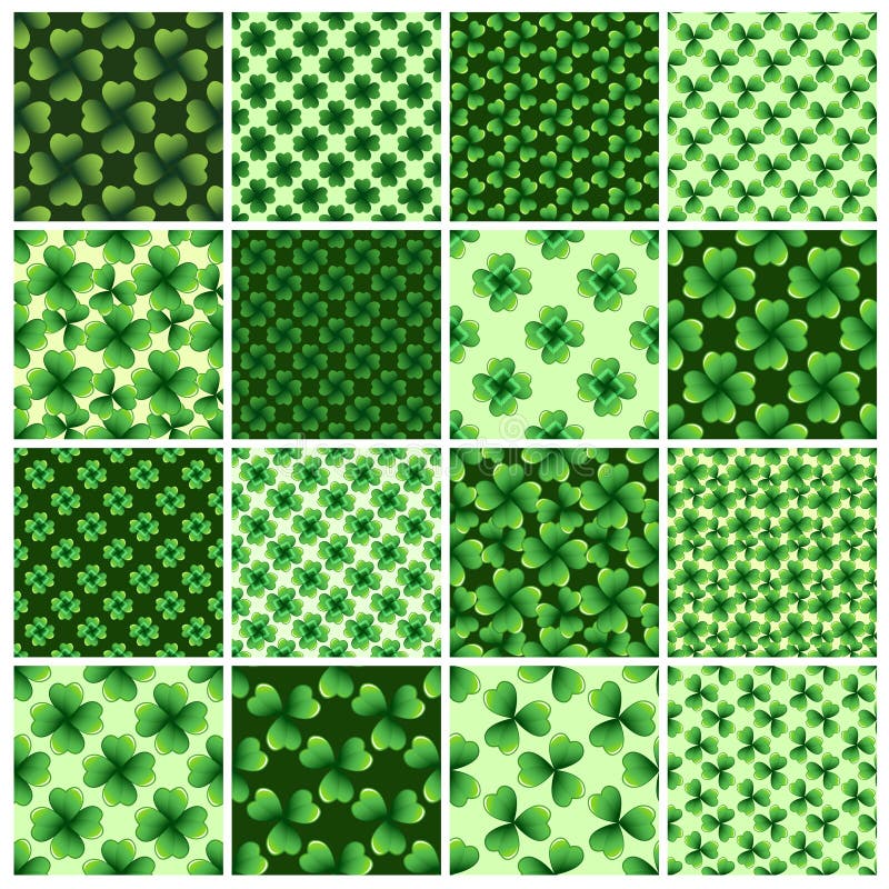 Green Clover Leaves Seamless Patterns Set Stock Vector - Illustration of pattern, background ...