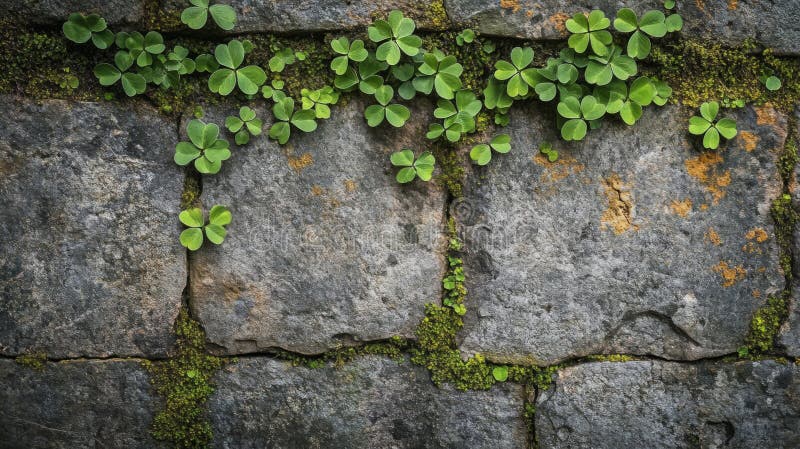 Green Clover Plants Growing on a Stone Wall Stock Illustration ...