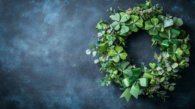 Green Clover Wreath on Dark Blue Background Stock Illustration ...