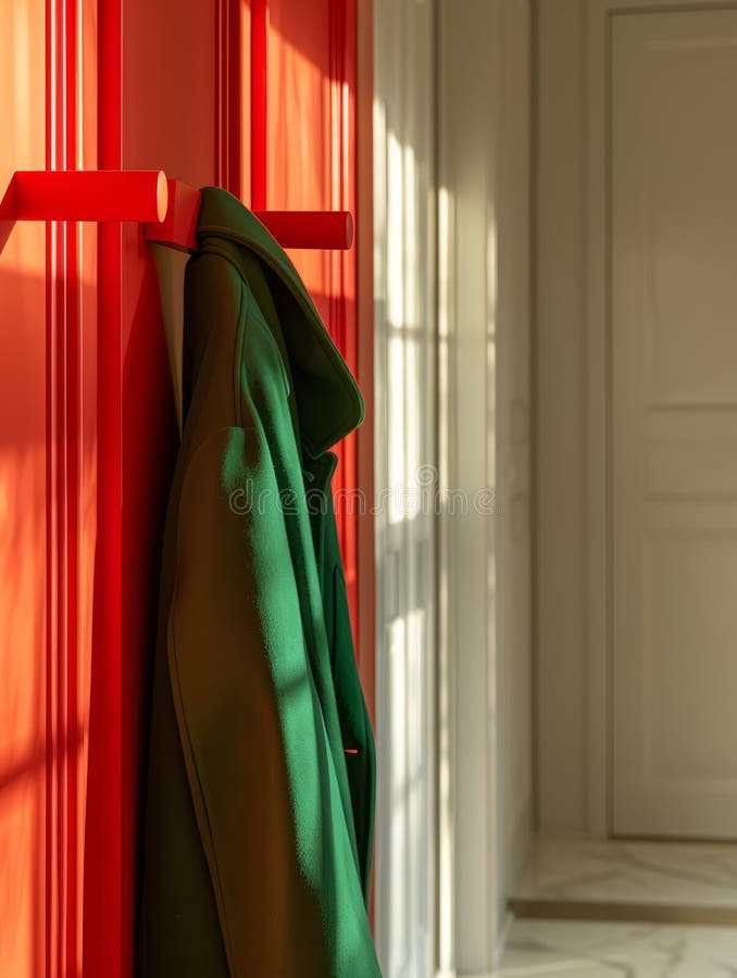 Green Coat Hanging on a Red Hook in a Sunlit Hallway. Stock Image ...