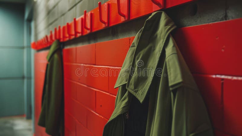 Green Coat Hanging on Red Hooks Against a Red Brick Wall. Stock Image ...