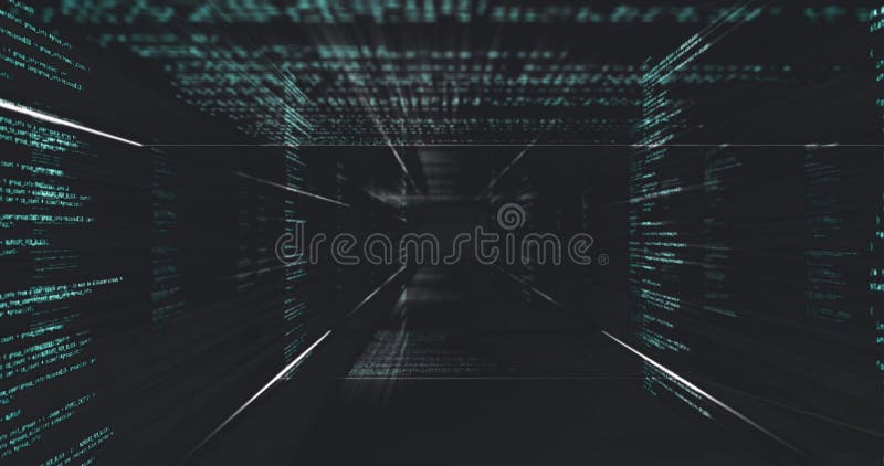 Green Code Cascading Down Screens in Dark Corridor, Forming a Matrix ...