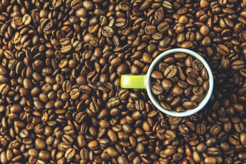 Green Coffee Cup in Coffee Beans Overhead Stock Image - Image of coffee ...