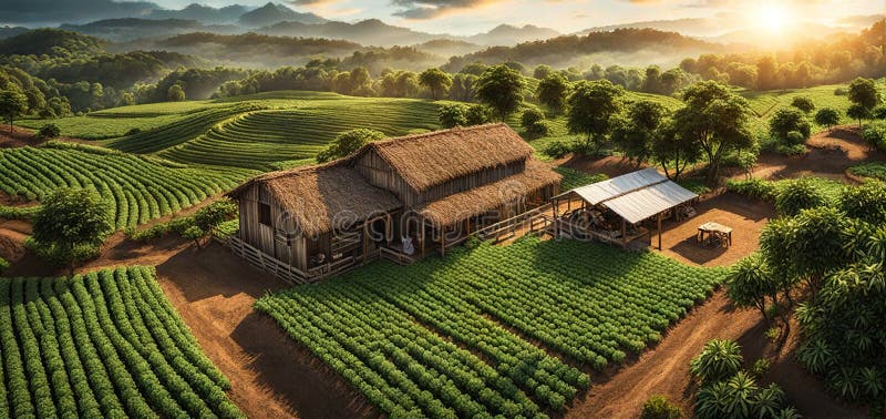 Green Coffee Fields at Sunset, Concept of Natural Aromatic Coffee ...