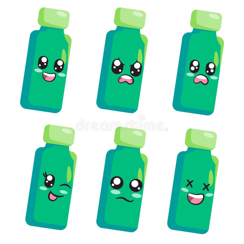 Green Color Bottle Beverage Packaging with Big Smile Angry Afraid ...