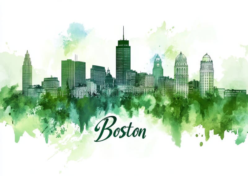 A Green Color Silhouette of a Boston Skyline. Generative AI. Stock ...