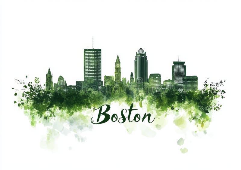 A Green Color Silhouette of a Boston Skyline. Generative AI. Stock ...
