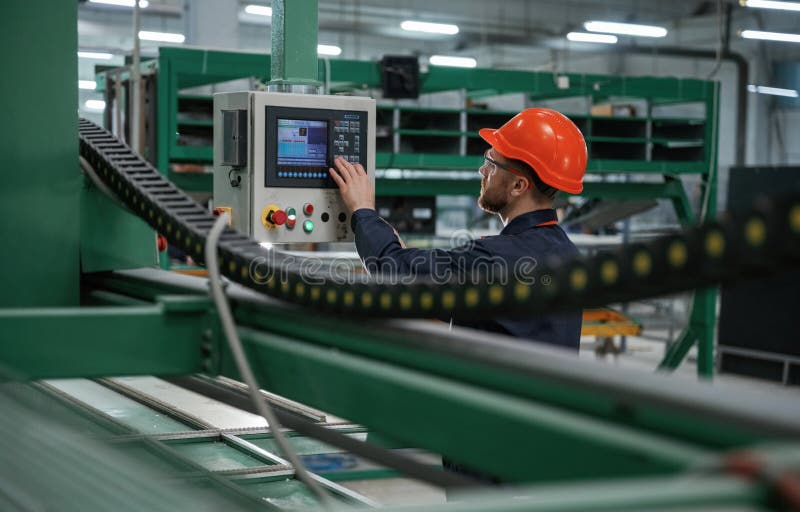 Green Colored Machine, Operator is Busy. Factory Worker is Indoors with ...