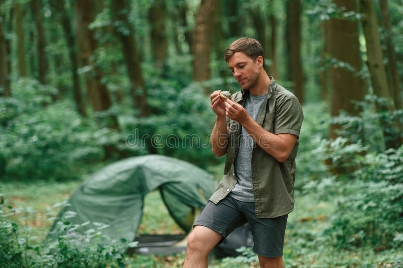 Tourist in Summer Forest. Conception of Exploration and Leisure Stock ...