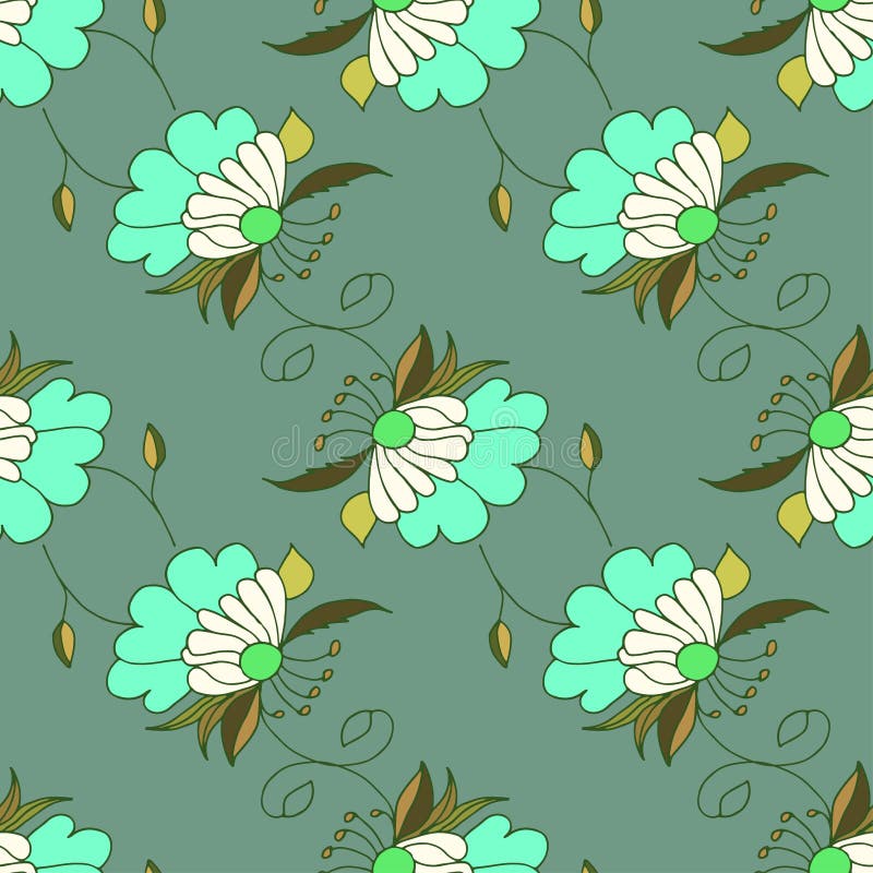 Green Colorful Hand Drawn Seamless Pattern with Flowers Stock Vector ...
