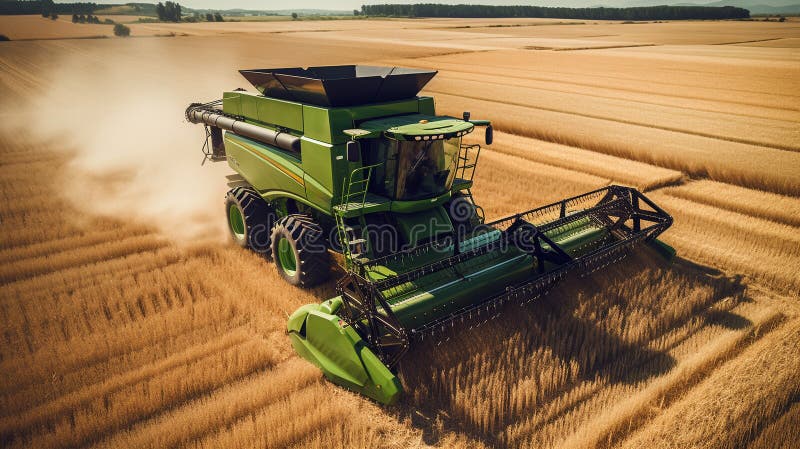 Green Combine Harvester Harvests Ripe Wheat. Agriculture Stock ...