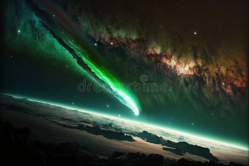 Green comet in space stock illustration. Illustration of asteroid ...