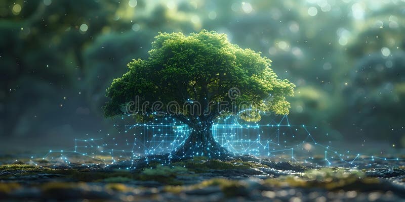 Green Computing and Technology Ethics: Digital Cube Tree with Blue ...