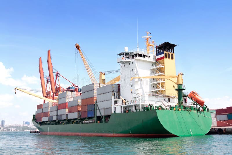 Green Cargo Container Ship At Dock Stock Photo - Image of port ...