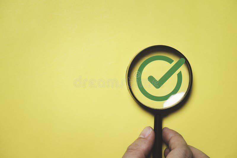 Green Correct or Tick Sign Mark Inside of Magnifier Glass for Focus ...