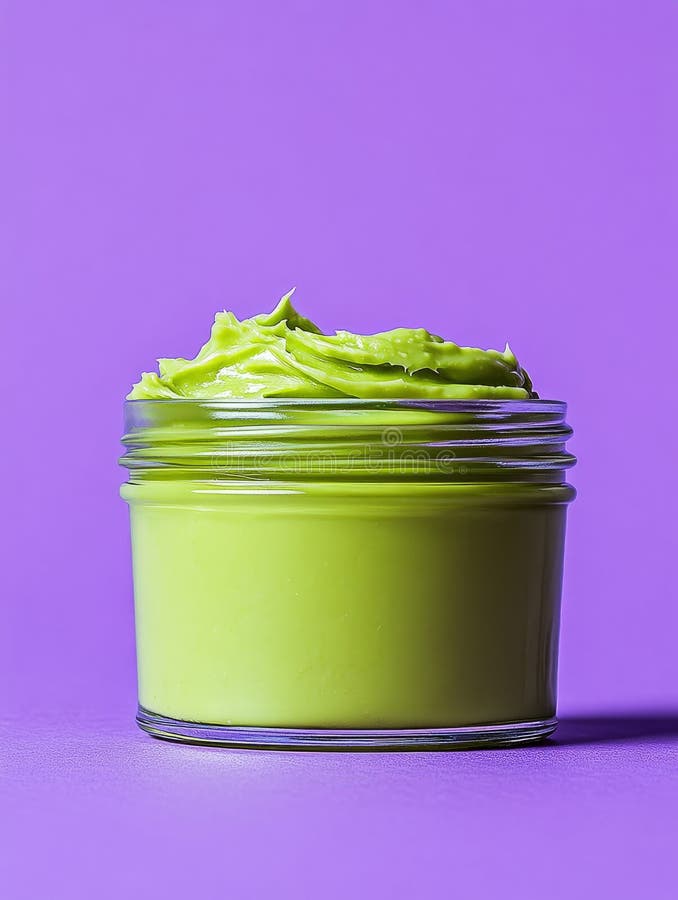 Green Cream in a Jar Against a Purple Background Stock Image - Image of ...