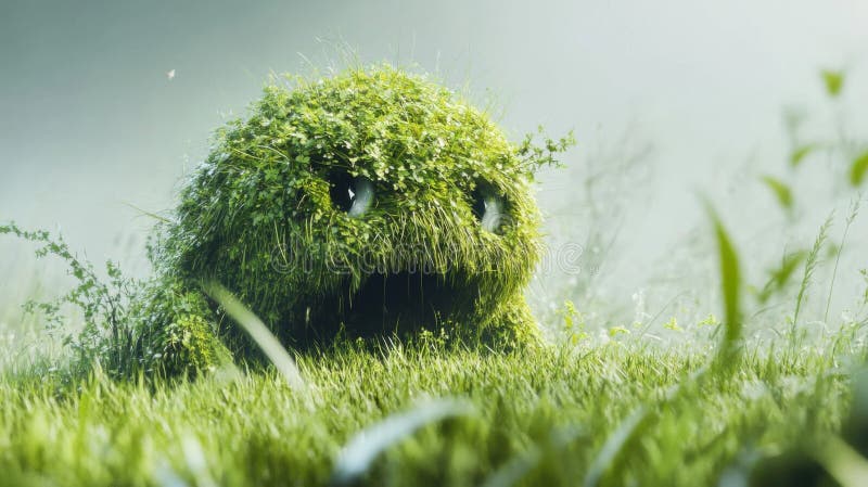 Green Creature Covered with Grass Sitting in a Meadow. a Nature S ...