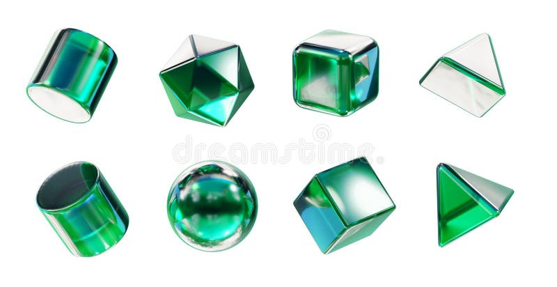 Green Crystal Geometry Shape Set Isolated on White Background 3d ...