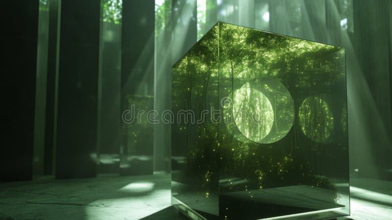 Green Cube with Nature-inspired Interior in Ethereal Setting Stock ...
