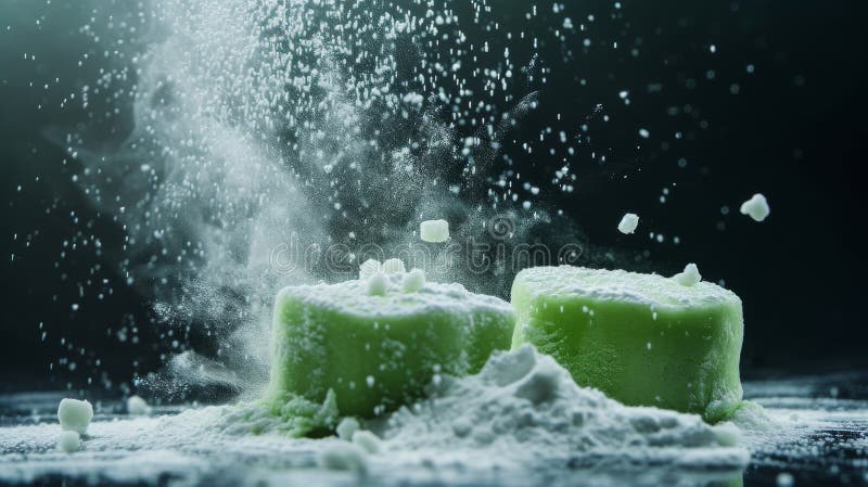 Green Cubes with Powdered Sugar Falling Against Dark Background Stock ...