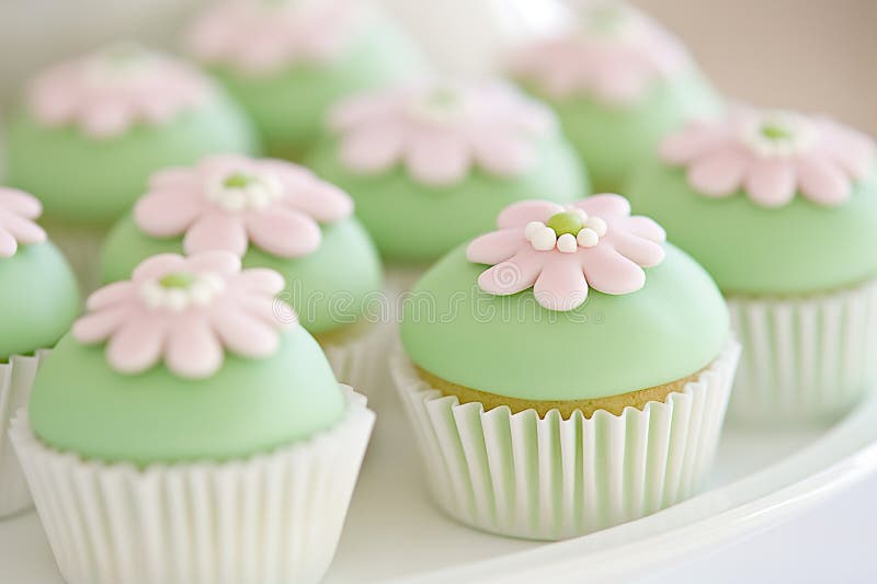 Green Cupcakes with Pink Flower Toppings on White Tray Stock Image ...