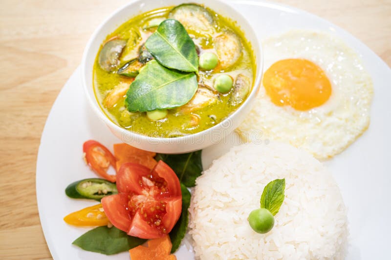 Green Curry Chicken with Rice Stock Photo - Image of closeup, herb ...