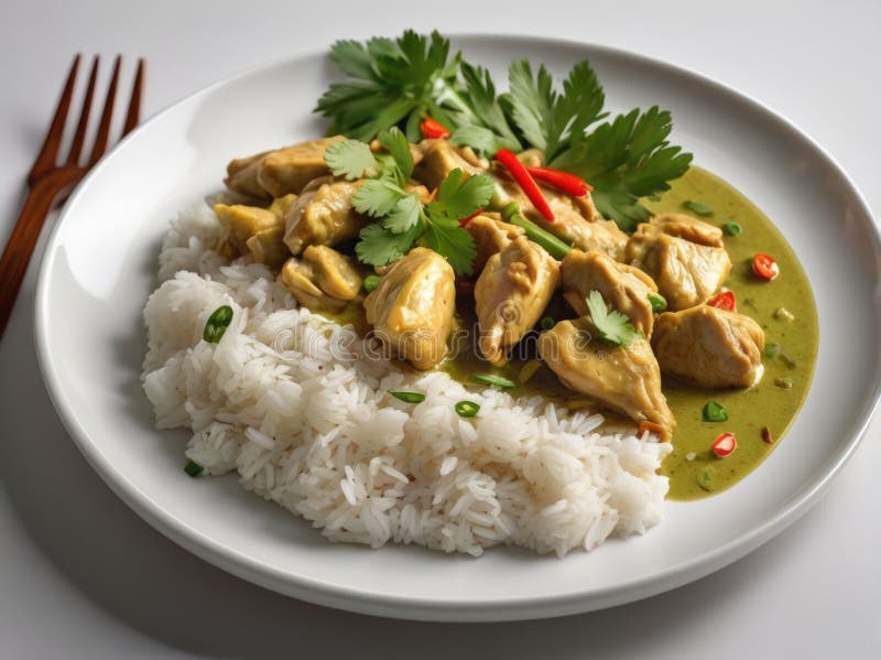 Green Curry Chicken with Rice on White Plate Generative Ai Stock ...