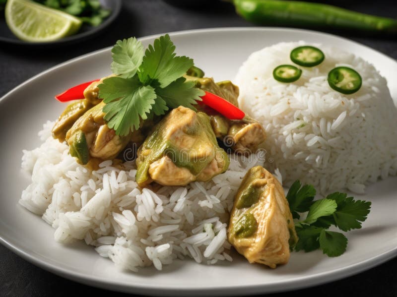 Green Curry Chicken with Rice on White Plate Generative Ai Stock ...