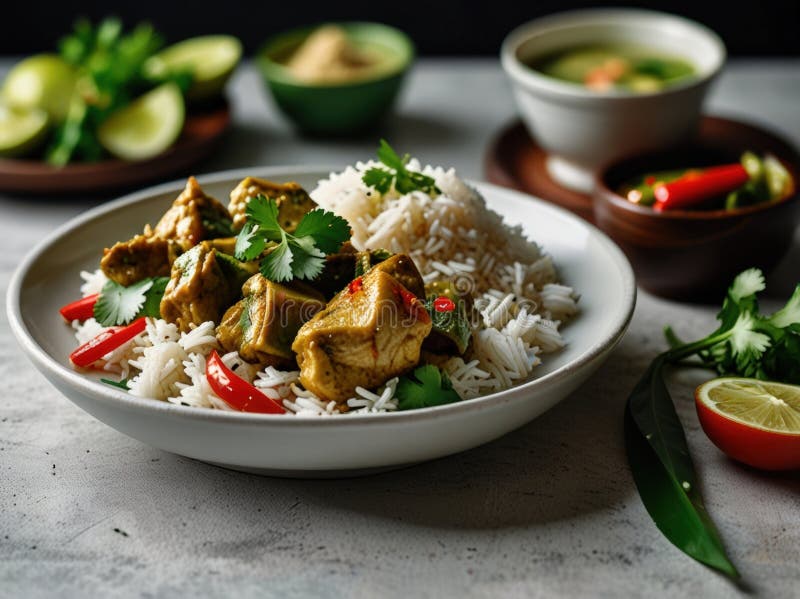 Green Curry Chicken with Rice on White Plate Generative Ai Stock ...