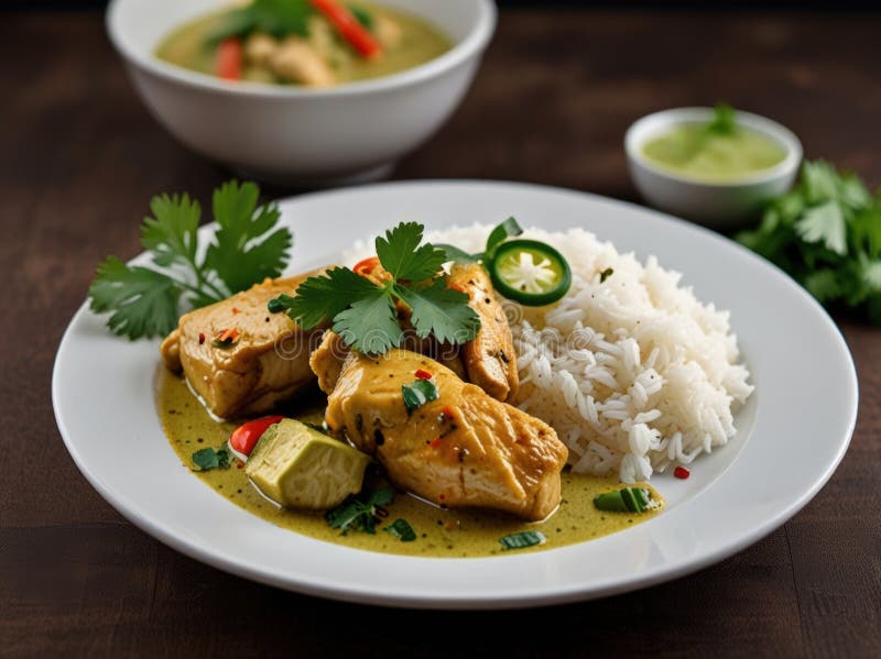 Green Curry Chicken with Rice on White Plate Generative Ai Stock ...