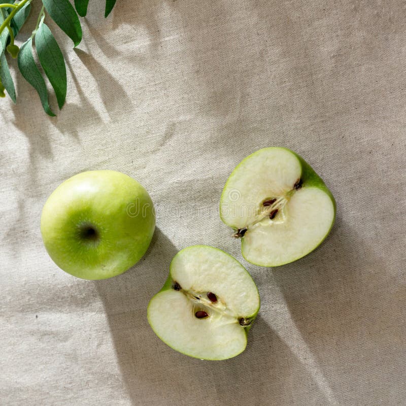 Green Cut Apples on Table with Sunlight Shadows, Aesthetic Lifestyle ...