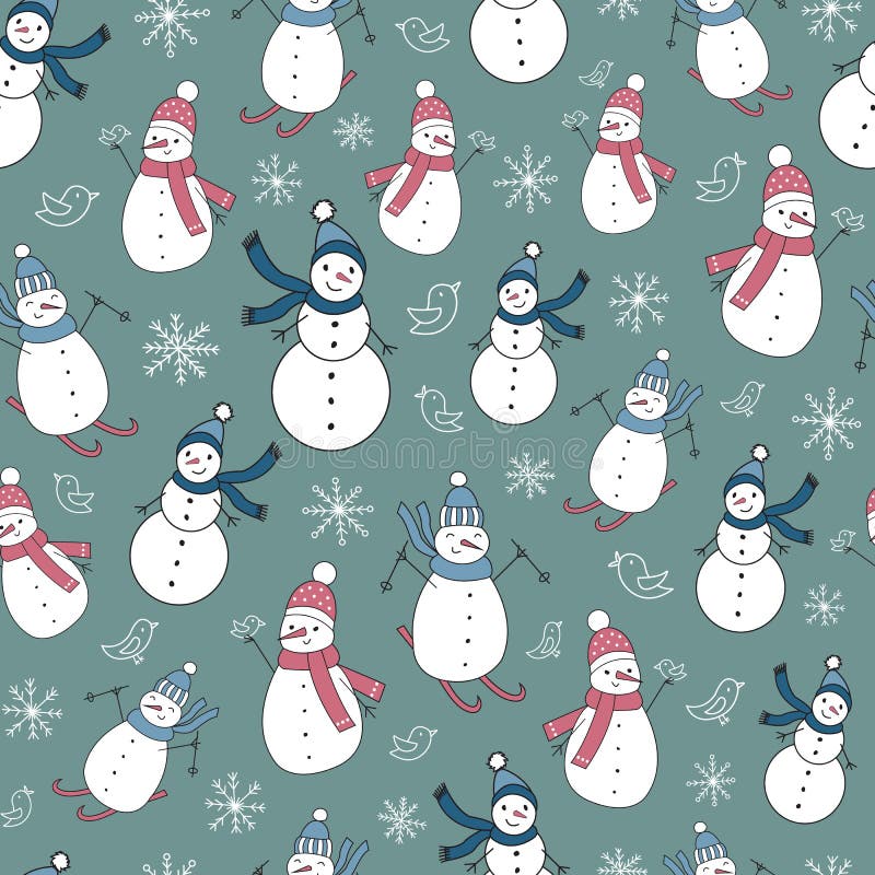 Green Cute Christmas Snowmen Vector Repeat Pattern Stock Illustration ...