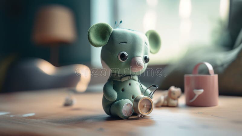A Green Cute Toy Sitting on Top of a Wooden Table. AI Generative Image ...