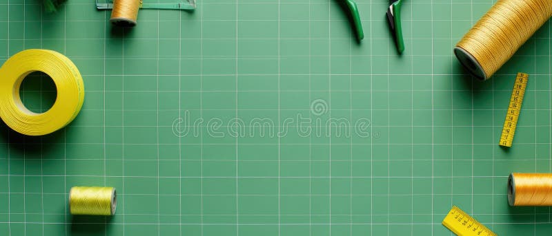 Green Cutting Mat with Sewing Tools and Yellow Thread Stock ...