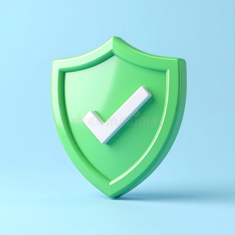Green 3D Shield Icon with White Check Mark on Light Blue Background ...