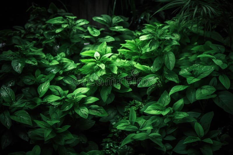 Green in Dark Light Leaves of Jungle Forest, Bushes Background. Stock ...