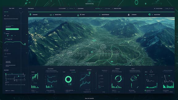 Futuristic Green Digital Dashboard with Mountain Landscape Stock ...