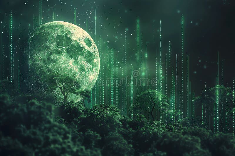 Green Data Matrix and Trees on the Moon, Digital Bar Graphs Stock ...