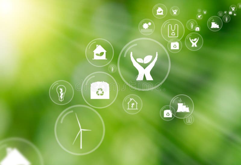 Green Defocused Background with Sun Rays and Multiple Icons Inside ...