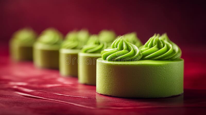 Green Dessert Cakes on a Red Textured Background. Stock Image - Image ...