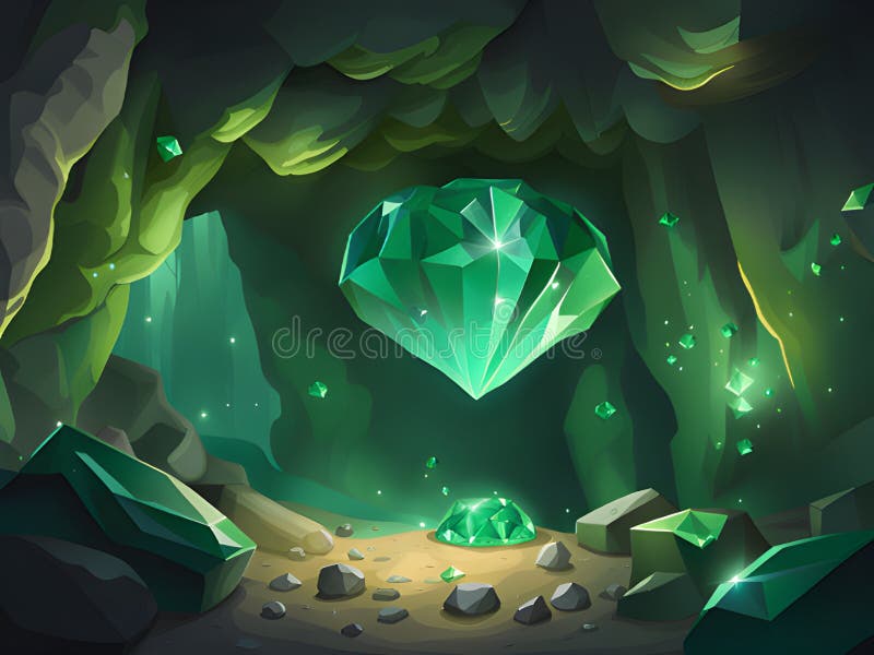 A Green Diamond in a Cave with Rocks Stock Illustration - Illustration ...