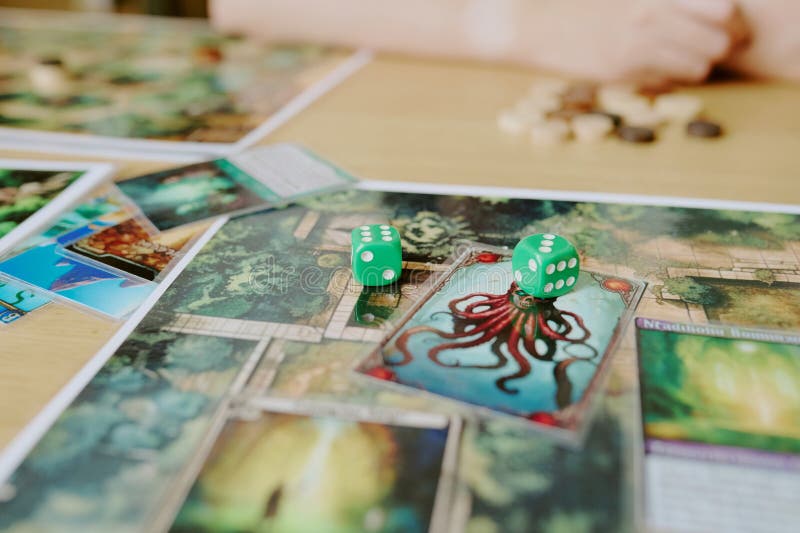 Green Dice on Board Game Map Stock Photo - Image of young, roleplaying ...