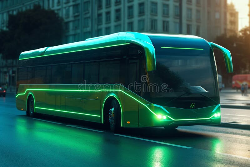 Green Digital Bus on the Road in the City. 3d Rendering Stock ...
