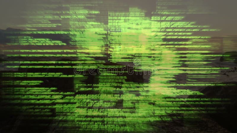 Green Digital Code Overlay Streaming Over Rocky Shoreline at Dusk, with ...