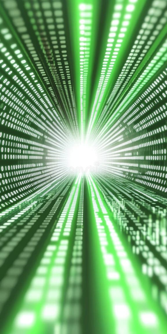 Green Digital Data Stream with Light at the End of the Tunnel Stock ...