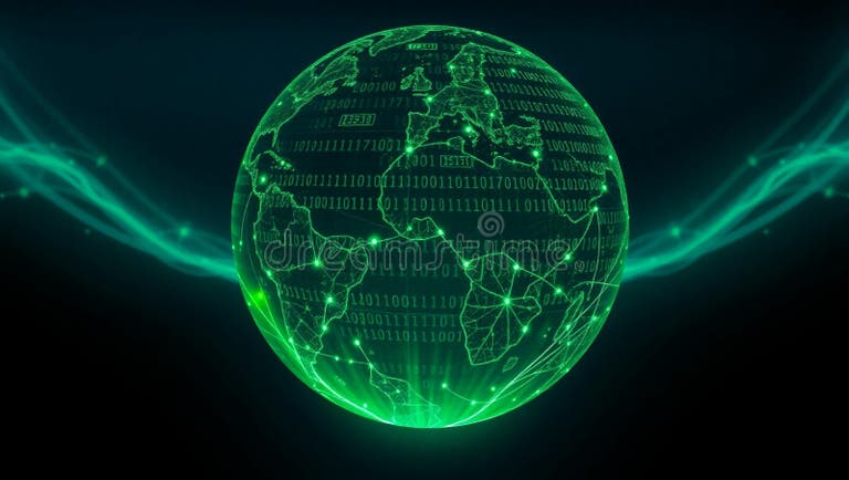 Green Digital Earth Globe with Binary Code and Network Connections on a ...