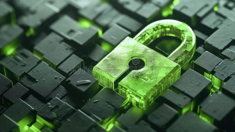 Green Digital Lock Symbolizing Cybersecurity on a Matrix of Dark Cubes ...