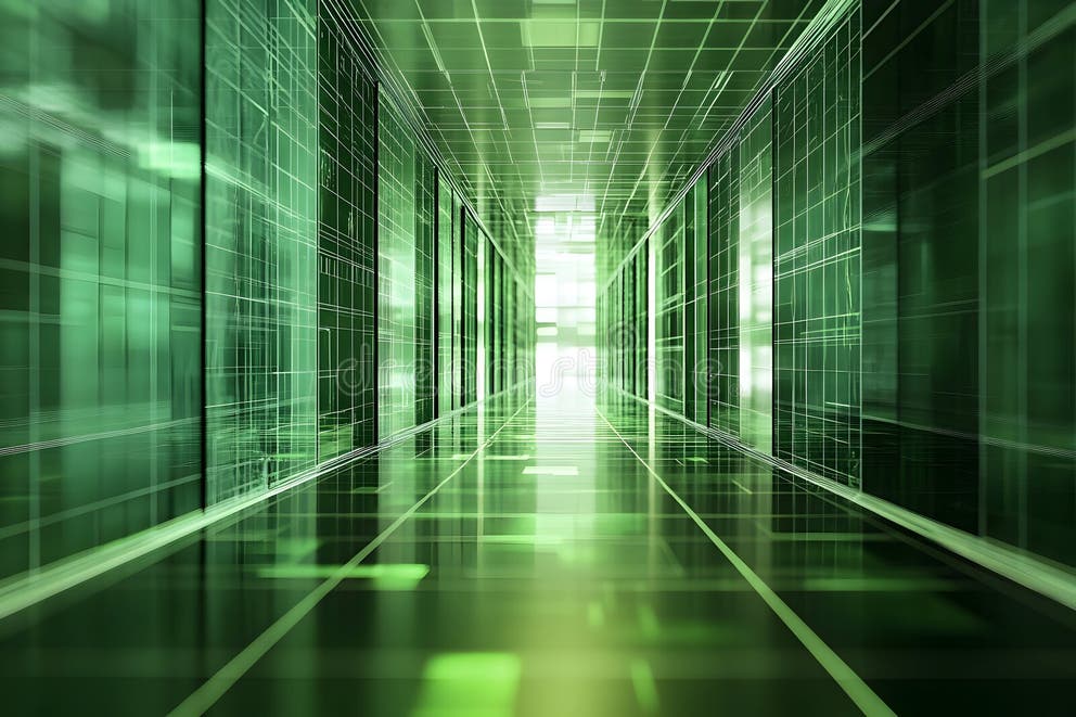 Green Digital Matrix Grid Creating a Virtual Space with Infinite Depth ...