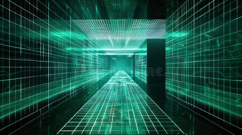 Green Digital Room Background, Abstract Dark Futuristic Space with ...